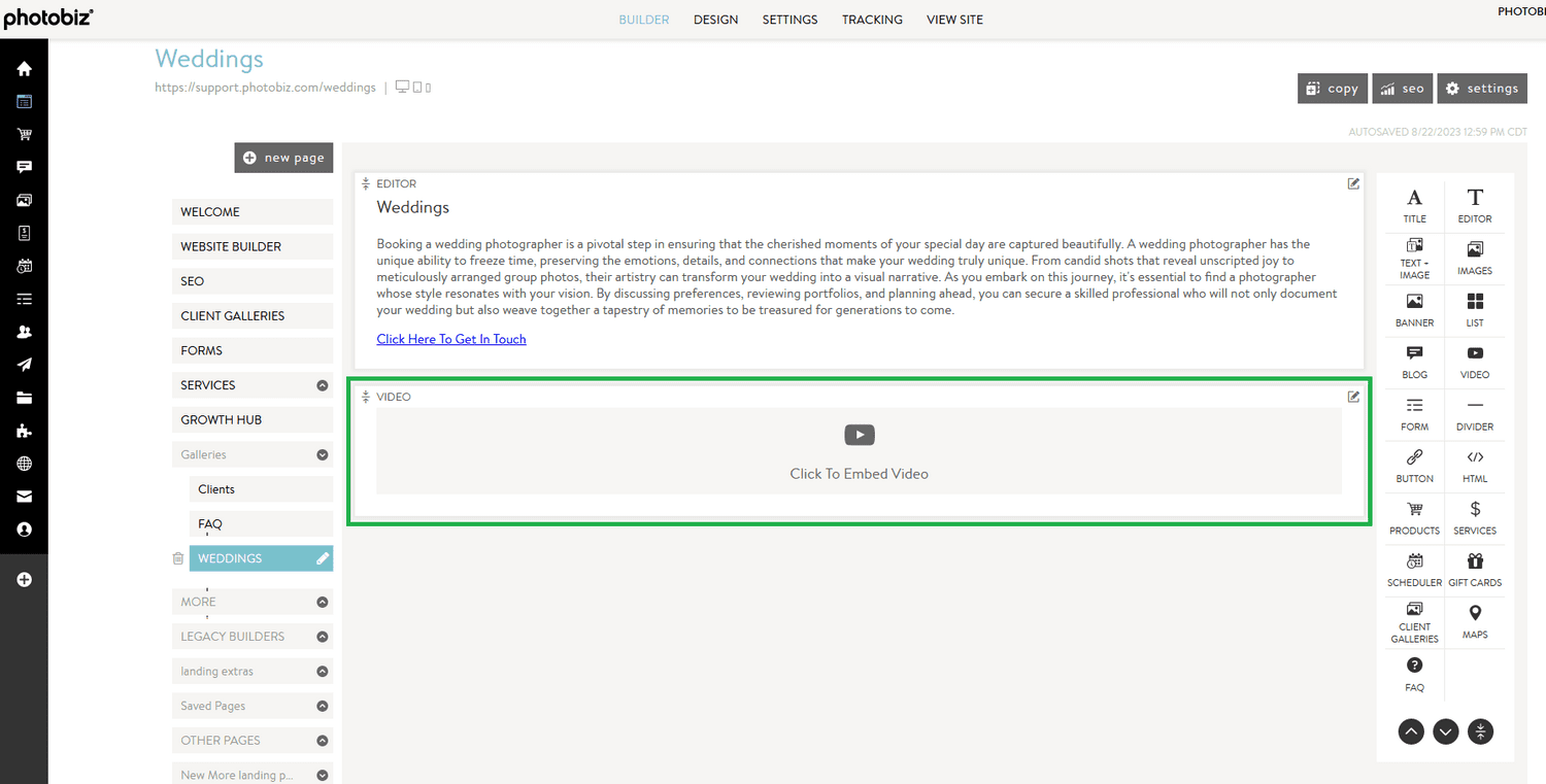 How To Use Video Blocks - PhotoBiz Knowledge Base
