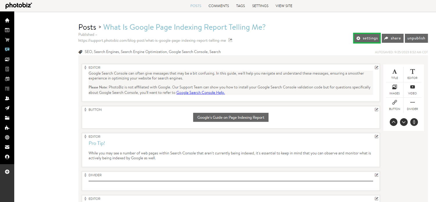 How Can I Add Metadata on Individual Blog Posts? - PhotoBiz Knowledge Base