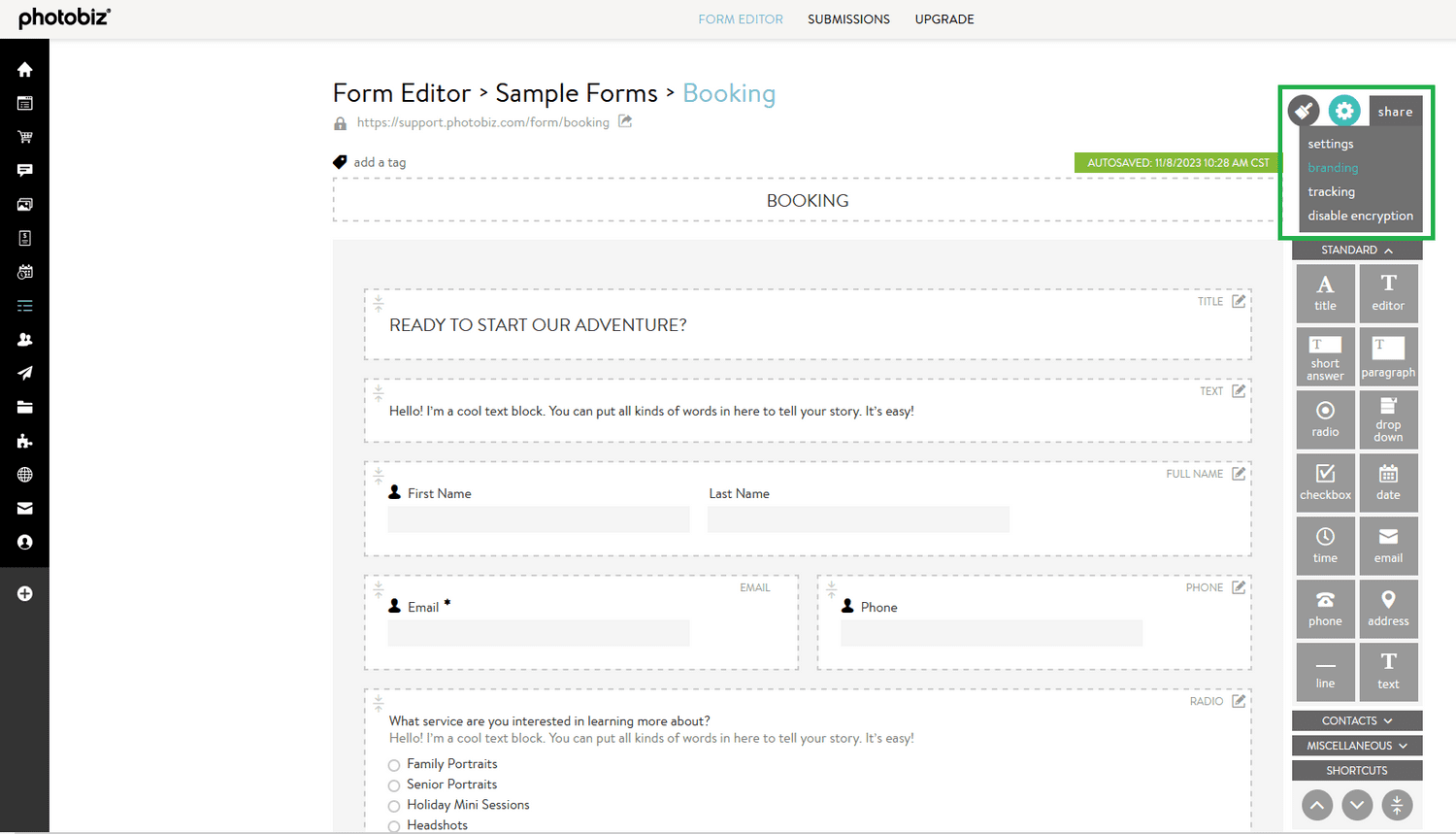 How To Customize The Branding on Individual Forms - PhotoBiz Knowledge Base