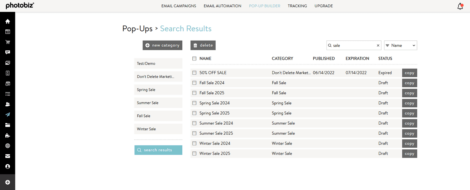 How To Search Pop Ups I've Created - PhotoBiz Knowledge Base